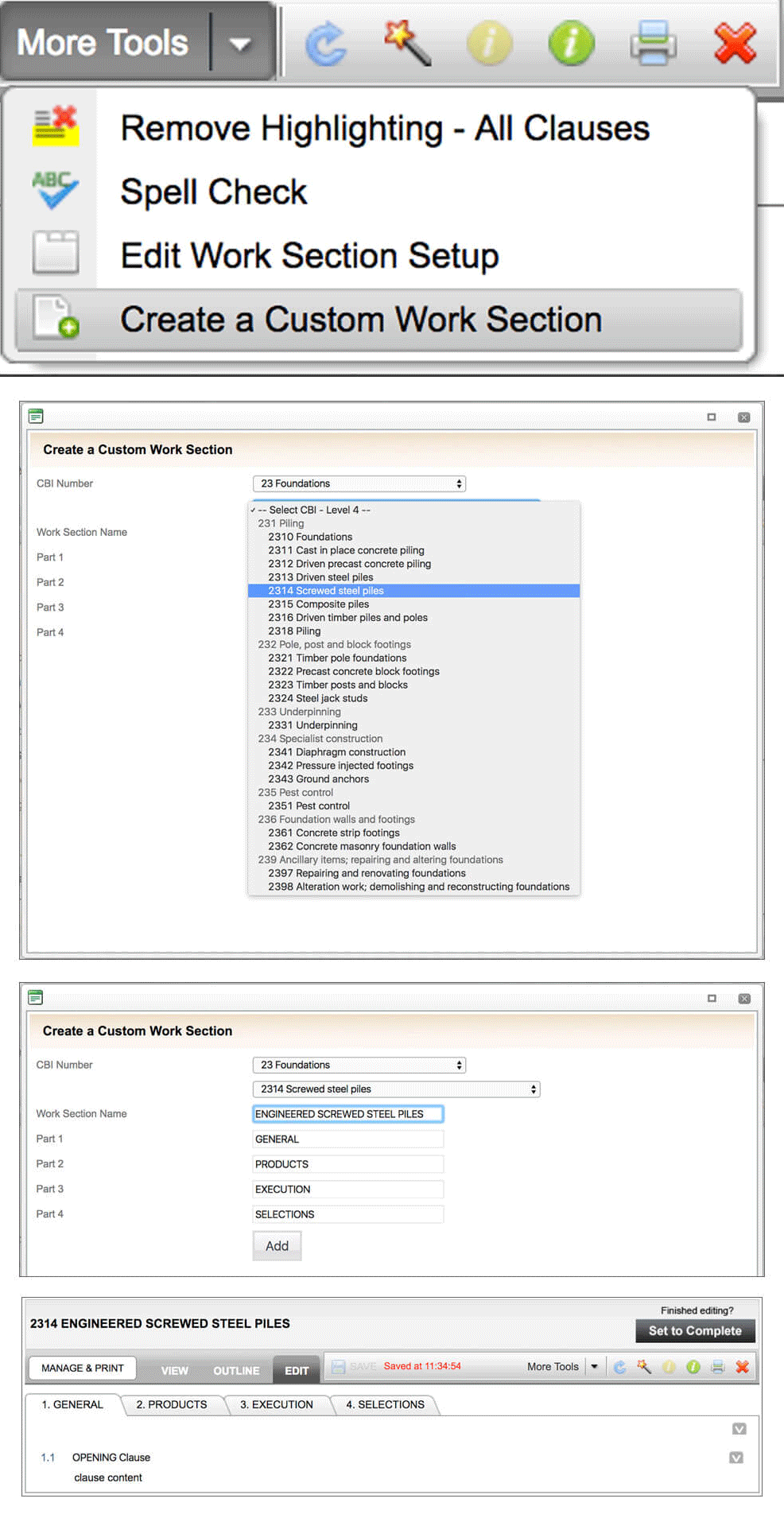 The Work Section Toolbar - Masterspec